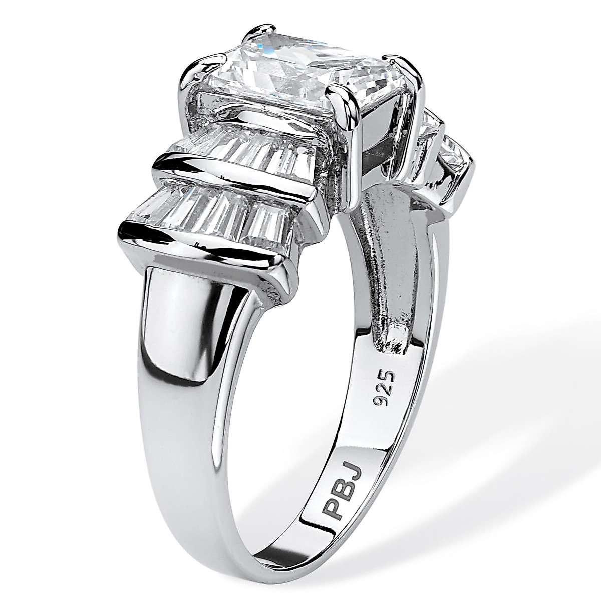 PalmBeach Yellow Gold-Plated or Platinum-Plated Sterling Silver Emerald Cut & Baguette Cubic Zirconia Step Cut Engagement Ring Size 6