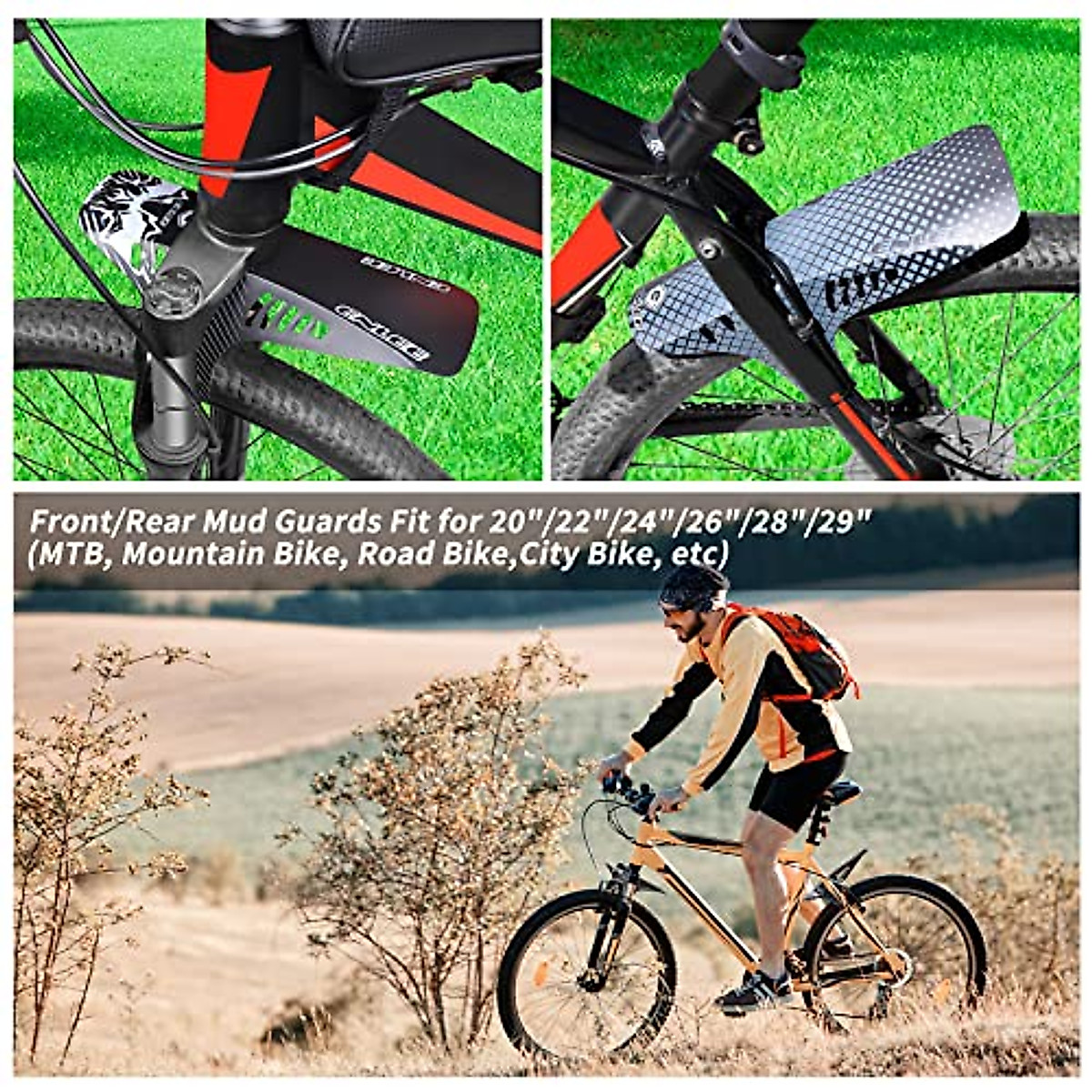 R2Depot Bike Fender with 12 Cable Ties, 2 Parts- Front/Rear Mud Guards Fit for 20"/22"/24"/26" Bike B-2-piece Set