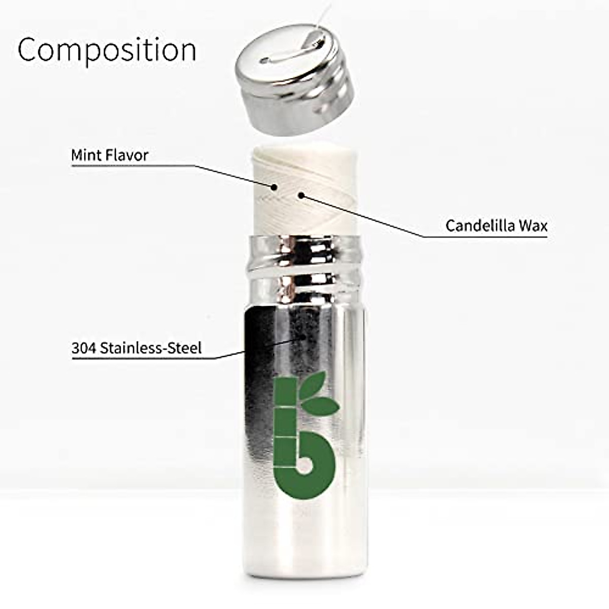 Vegan Dental Floss | Refillable Tooth Floss | Candelilla Wax | Plastic Free Dental Tape | Zero Waste Floss | Stainless Steel Dispenser | Eco Floss | Mint | 55 Yards | Bambaw