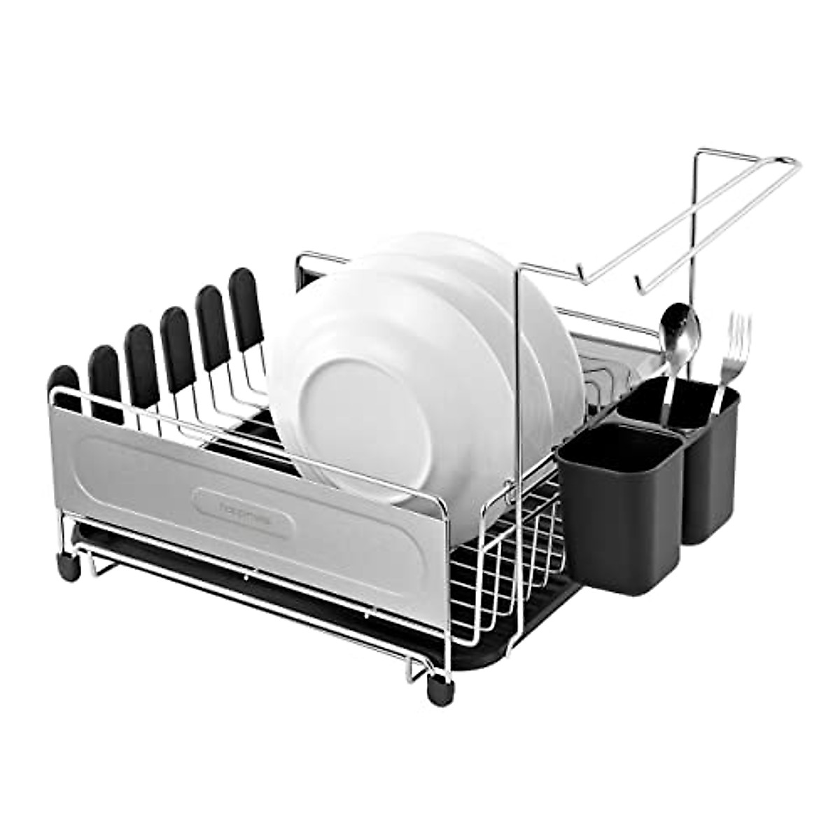 happimess DSH1000A Compact 17.25" Fingerprint-Proof Stainless Steel Dish Drying Rack, Dish Rack with Wine Glass Holder, Utensil Holder, Stainless Steel/Black, Silver/Black