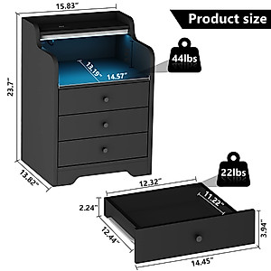 Gdvsclr Nightstand with Charging Station, Nightstand with LED Lights, 3 Drawers Bedside Table for Bedroom/Dormitory, Led Nightstand with Open Storage Shelf, 3 USB Ports & 2 Outlets, Black