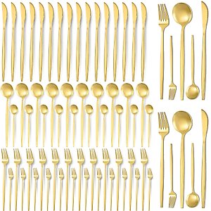 60 Pieces Stainless Steel Tableware Set Silverware Set Flatware Cutlery Set Utensils Set Spoon Fork Knives Set Service for 12 for Home Restaurant Apartment and Kitchens (Gold)