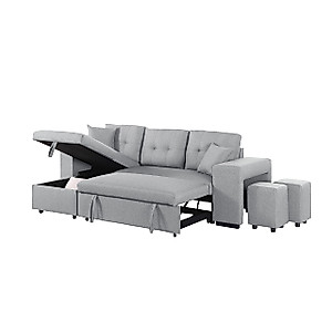 ERYE L-Shaped Reversible Sleeper Sectional Sofa W/Pull Out Couch Bed, Storage Chaise & Niche Shelves for Living Room, Modern Linen Upholstered Sofa&Couch Convertible Sleep Sofabed with 2 Stools