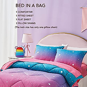 ART DEMO Rainbow Pastel Purple Comforter Sets for Teen Girls, Full Size 5 Pieces Bed in a Bag, Ultra Soft Microfiber Comforter and Sheet Sets, Cooling Summer Dorm Bedding Set
