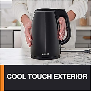 Krups, Electric Kettle, Cool Touch Stainless Steel Interior 1.5 Liter 1500 Watts Fast Boiling, one cup in 80 seconds, Double Wall, Fast Boiling, Auto Off, Keep Warm, Cordless Black