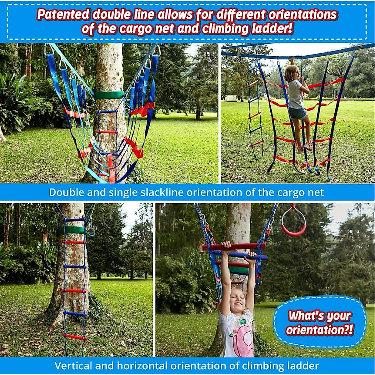 Lily's Things Double Slackline Obstacle Course for Kids | 110 Foot Line Ninja Warrior Obstacle Course Patented Double Line Design Unique Outdoor Ultimate Playground Climbing Challenge - Cargo Net Set