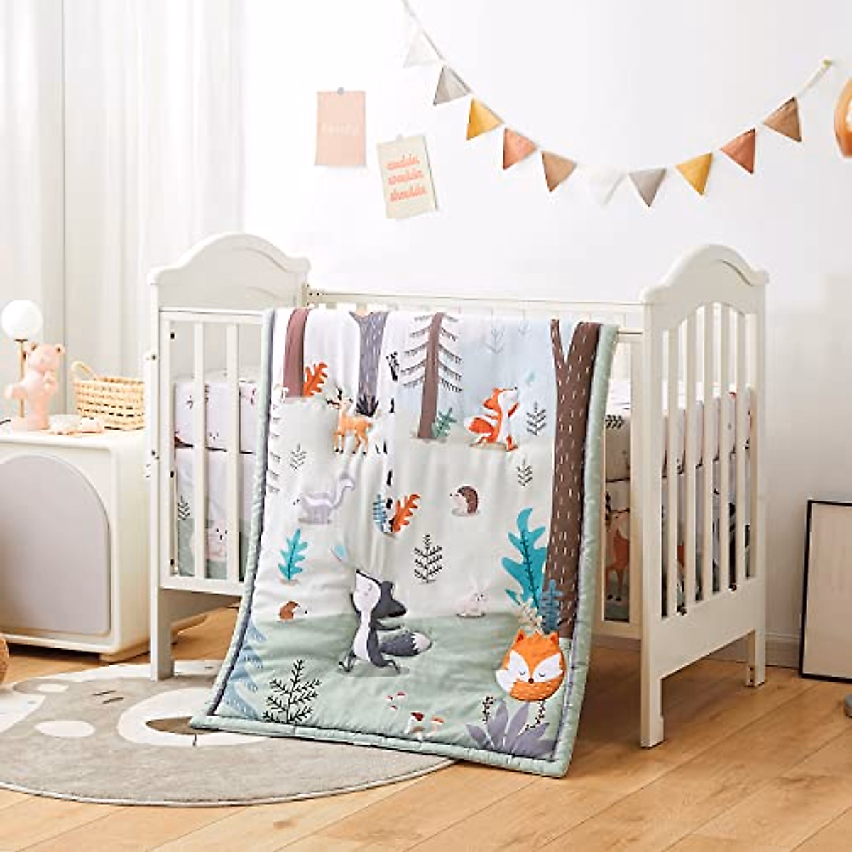 beeweed 3-Piece Crib Bedding Set for Boys Girls, Soft Baby Bedding Set Including Blanket, Crib Skirt & Crib Sheets, Woodland Animal Nursery Bedding Set