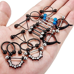 Ftovosyo 20PCS 14G Surgical Steel Nipple Rings Hoop Diamond CZ Barbell Heart Shape Nipplerings Piercing Women Nipple Shield Bar Jewelry Black Horseshoe Straight Barbell