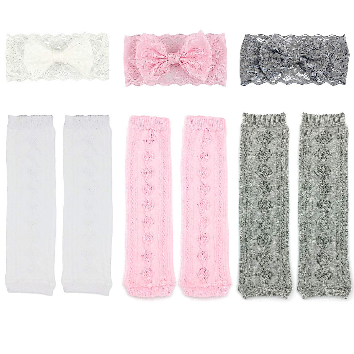 Elesa Miracle 3 Pairs Knitted Baby & Toddler Cozy Soft Argyle Leg Warmers and Baby Lace Bow Headband Value Set