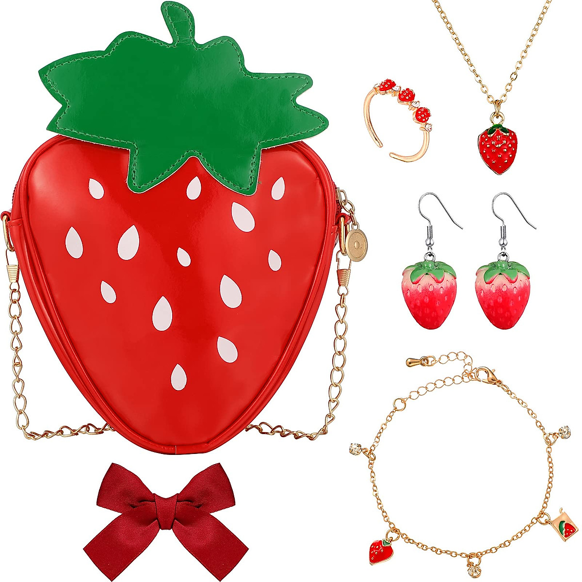 6 Pcs Strawberry Jewelry Set Strawberry Purse Bag Strawberry Earrings Necklace Bracelet Ring Red Bow for Women(Strawberry)