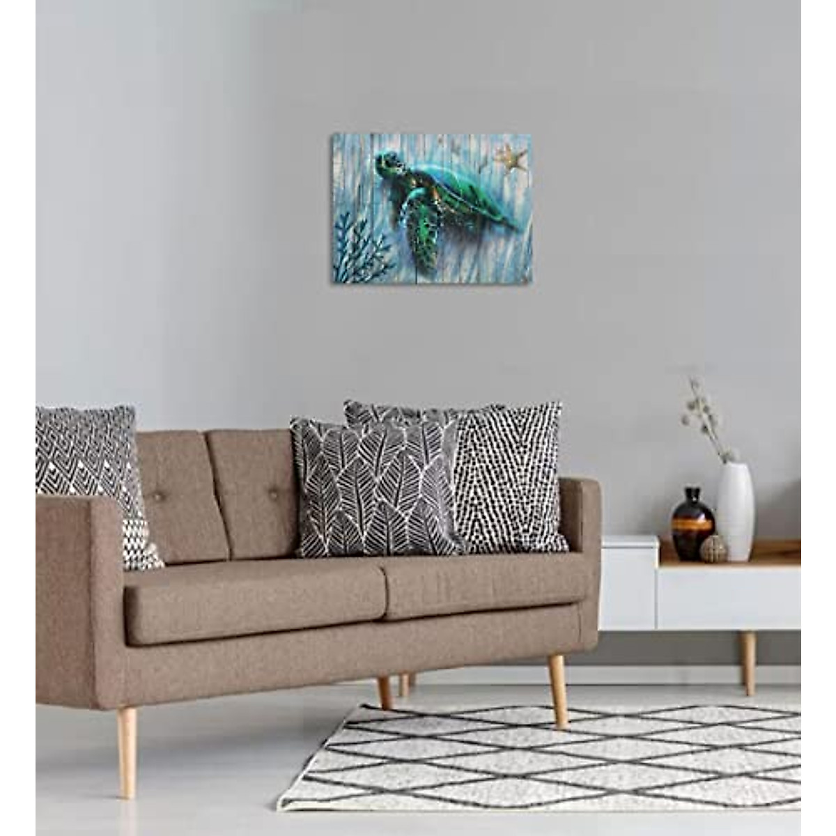 Arjun Bathroom Decor Teal Canvas Green Sea Turtle Wall Art Prints Submarine Picture One Panel 16"x12" Blue Sea-Plant Modern Landscape Painting Framed for Living Room Bedroom Home Office Spa Wall Decor