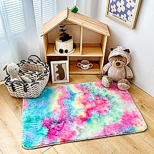 NEWCOSPLAY Faux Fur Area Rug Rainbow Tie Dye Carpet Playing Mat for Girls Bedroom Living Room Home Décor (4' x 5.3', Dark Rainbow)