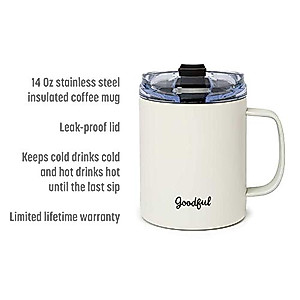 Goodful Travel Mug, Stainless Steel Insulated, Double Wall Vacuum Sealed Coffee Cup with Leak Proof Lid, 14 Ounce, Cream