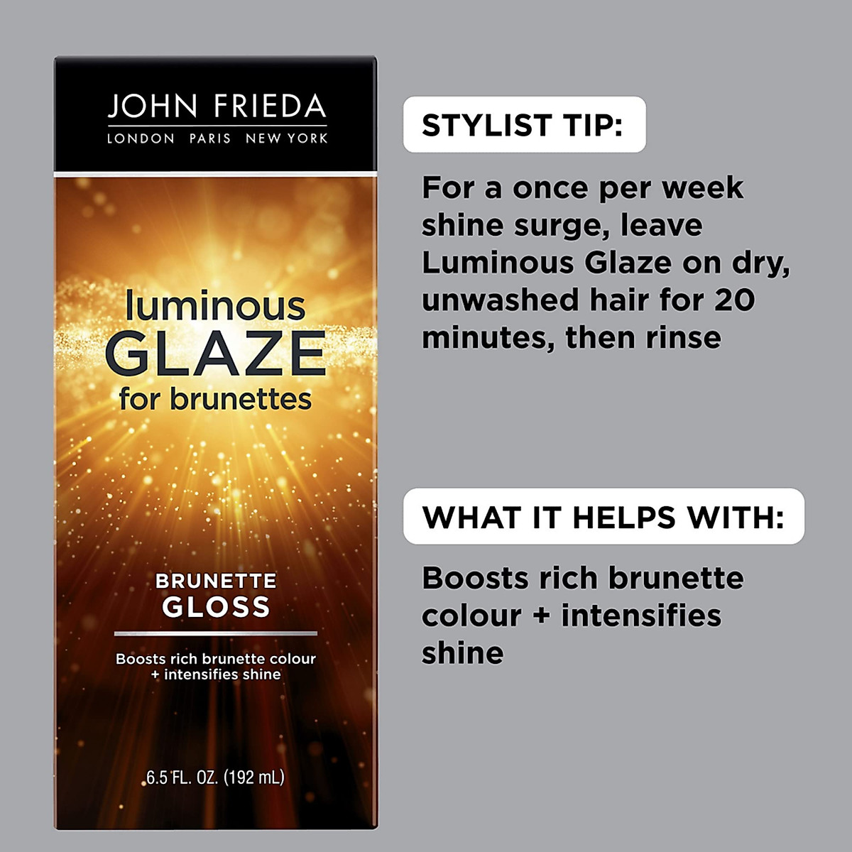 John Frieda Brilliant Brunette Luminous Hair Glaze, Hair Gloss Enhances Rich Color and Boosts Shine for Silky Brunette Hair, Enhances While Mending Damaged Hair Surfaces, 6.5 Oz, Pack of 2