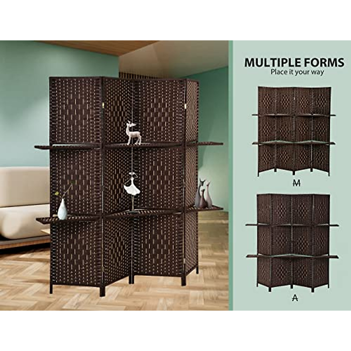 4 Panel Room Dividers and Folding Privacy Screens, 71 Inch High Hand-Woven Design Room Divider Folding Wall Dividers with Shelves, Portable Partition Screen for Room,Freestanding Room Separator, Brown