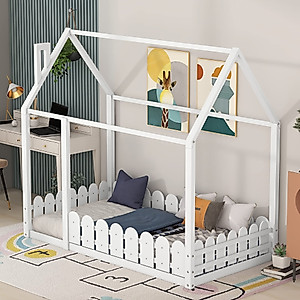 Harper & Bright Designs House Bed Twin Kids Bed Floor Bed Frame with Roof and Fence, Box Spring Needed, for Toddlers, Kids, Teens, Girls, Boys (Twin Size, White)