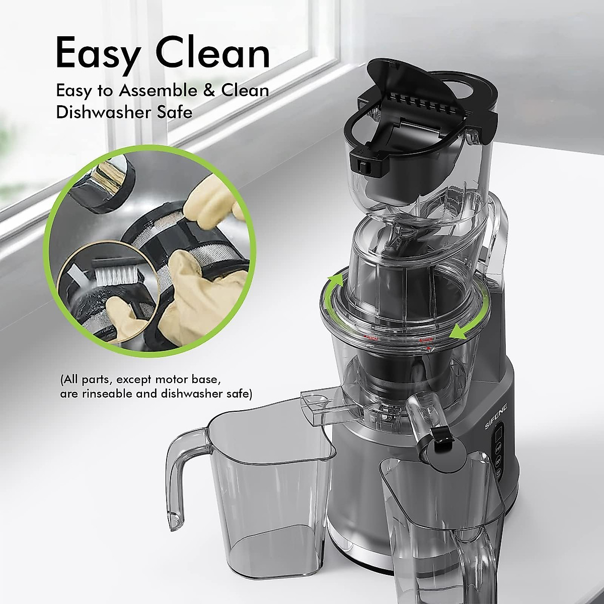 Cold Press Juicer Machine, SiFENE Slow Masticating Juicer, 83mm Wide Chute for Whole Fruits & Vegetables, Easy to Clean, High Yield, Non BPA, Gray