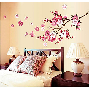 SWORNA Nature Series Branch Pink Flowers & Butterfly Removable Vinyl Mural Wall Art Decor Home Stickers Decals Bedroom/Hallway/Sitting/Living Room/Kids Nursery (29.5’’H X 65’’W, Brown & Pink,X-L)