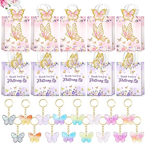 Leinuosen 32 Pieces Butterfly Party Favors Bags Set 16 Thank You for Fluttering by Gift Bag 16 Pcs Butterfly Keychains Butterfly Paper Bags Butterfly Goodie Bag Treat Bag for Baby Shower Party Favors