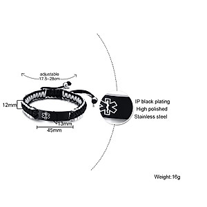 VNOX Customize Medical Jewelry-13MM Handmade Braided Rope Stainless Steel ID Paracord Adjustable Bracelet,White