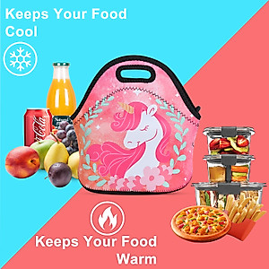 Violet Mist Cute Unicorn Neoprene Lunch Bag Pink Reusable Lunch Box Insulated Lunch Bags Tote Thermal Waterproof Lunch Handbag with Zipper Picnic Work Gifts for Women,Men,Adult,Her,Him