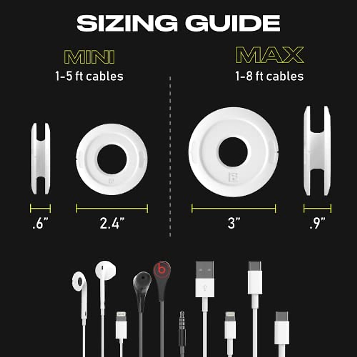 Fuse Side Winder Mini and Max Headphone, Earbud and Charging Cable Winder and Organizer Perfect for Wrapping Earbuds and Cords for Travel and Organization (Max (2-Pack), White)