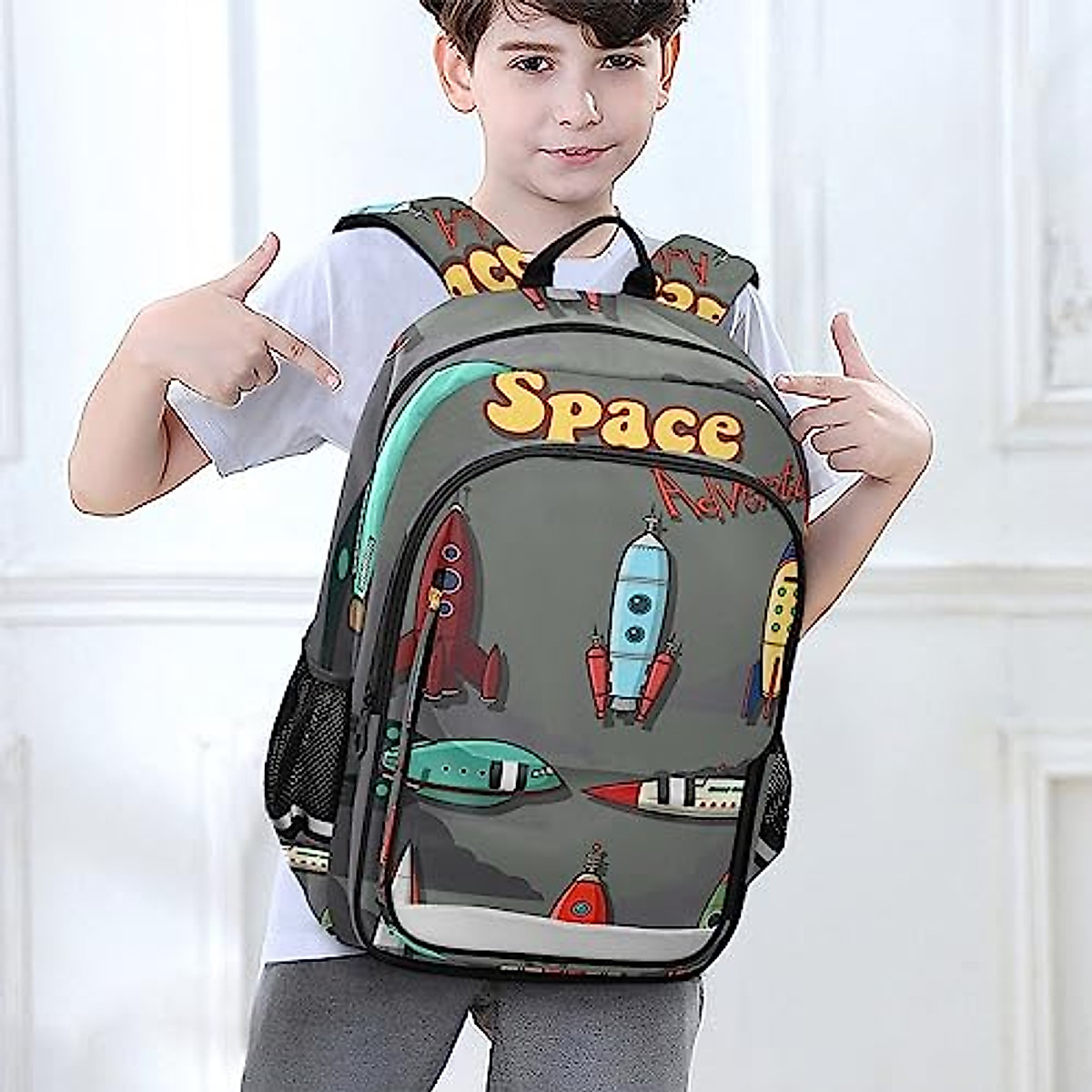 Glaphy Retro Rocket Ships Backpack, School Bag Lightweight Laptop Backpack Students Travel Daypack with Reflective Stripes