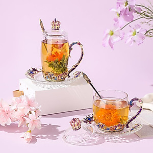 LANTREE Glass Tea Cup with Lid Crown Coffee Mug with Spoon Fancy Tea Cup Antique Gifts for Women Mother's Day Birthday Valentines Day Gift(11oz Crown)