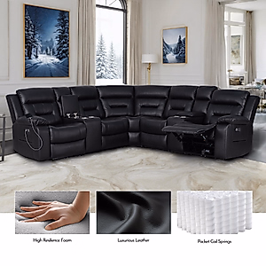 Power Recliner Sectional, Faux Leather Power Reclining Sectional Couch, Modular Livingroom Furniture Sets with 2 Storage Console & 4 Cup Holders (Black)