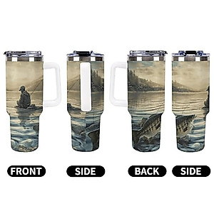LLUTSNTH 40 Oz Vacuum Tumbler with White Handle Leakproof Insulated Tumbler Lake Fish Fishing Stainless Steel Travel Mug with Lid And Straw Coffee Cup Cute Water Bottles Cup Holder Friendly