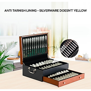 Silverware Storage Box Flatware Storage Case with Dual Tone Wooden Finish Drawer and Tarnish Proof Felt Lining to Store Sterling Silver Ware Cutlery Sets 15x11 Inch Size Service for 14