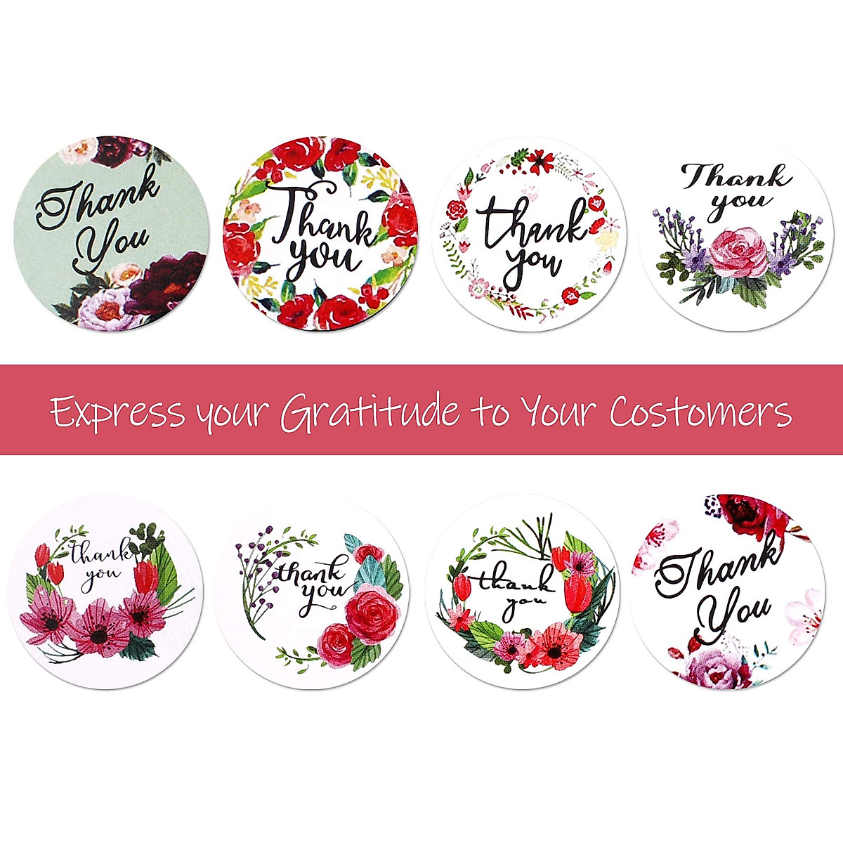 800 Pcs Round Floral Thank You Stickers Roll, 8 Different Design, 1 Inch Thank You for Your Business Stickers for Wedding, Bakeries, Handmade Goods, Small Business Owners, Party