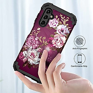 Hocase Heavy Duty Shockproof Protection Soft Silicone Rubber Bumper+Hard Plastic Hybrid Protective Case for Samsung Galaxy A14 5G (6.6" Display) 2023 - Burgundy Flowers