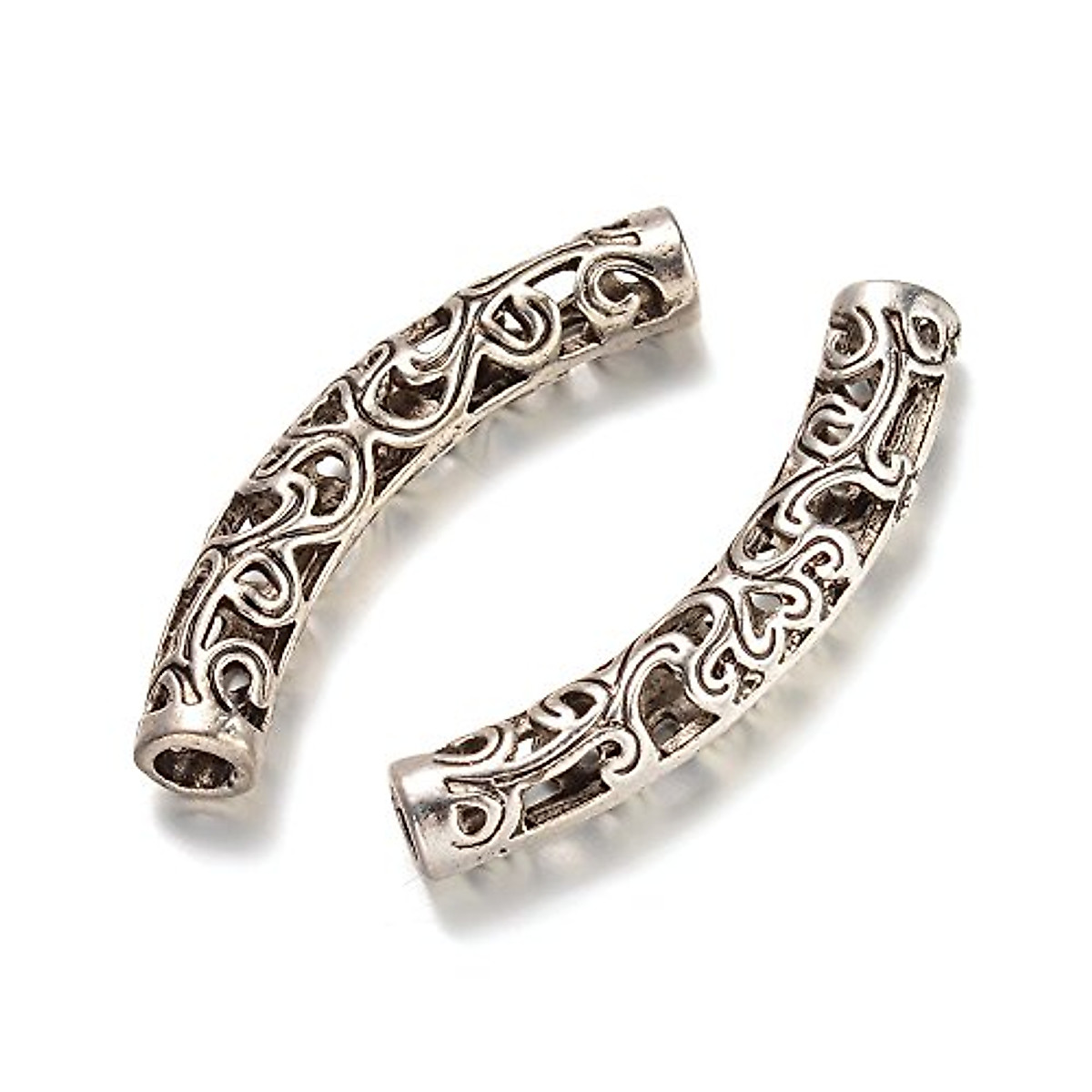 KISSITTY 100-Piece Antique Silver 6mm by 36.5mm Filigree Long Curved Noodle Tube Spacer Beads with 3mm Holes