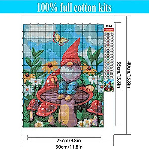 Gnome Stamped Cross Stitch Kits - Spring Flower Mushroom Counted Cross Stitch Kits for Beginners Adults Needlepoint Cross-Stitch Patterns Dimensions Needlecrafts Embroidery Kits Arts and Crafts
