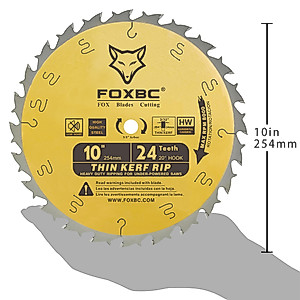 FOXBC 10-Inch Thin Kerf Ripping Table Saw Blade for Wood Cutting, 24-Tooth ATB, 5/8-Inch Arbor