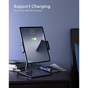 Maxonar iPad Stand Holder, Heavy-Duty Aluminum Alloy Tablet Stand, 360° Swivel Foldable iPad Pro Air Charging Stand Holder for Desk Bed Store POS Showcase Reception Kitchen Office (6-13''), Grey