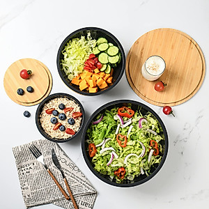 GEHE Salad Bowl with Lid, 10" Large Mixing Bowls with Lids Set, Bamboo Salad Bowl Set of 3, Salad Serving Bowl Set for Salad, Fruits, Pasta, Popcorn, Chips, Vegetables and Dishwasher Safe