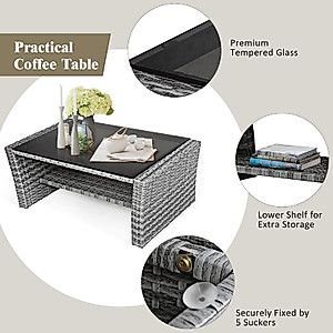 Tangkula 4 Pieces Patio Furniture Set, All Weather Outdoor Sectional Rattan Sofa Set with Cushions & Tempered Glass Table, Wicker Conversation Couch Set for Backyard Garden Poolside