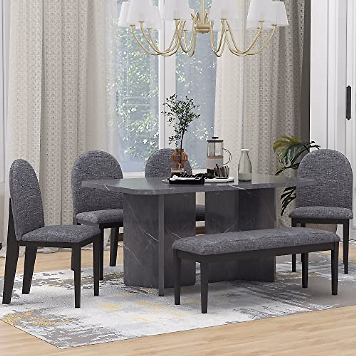 FIQHOME Se 6-Piece, Modern Style Set with Faux Marble 4 Upholstered Dining 1 Bench,Kitchen Table and Chairs for 6,Gray