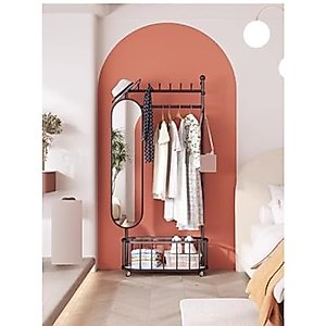 TeMkin Dressing Mirror, Mobile with Wheels, Bottom Shelf, Full Length Mirror, Vertical Organizer, Suitable for Bedrooms and Dressing Rooms (Color : Black, Size : 60x180cm)