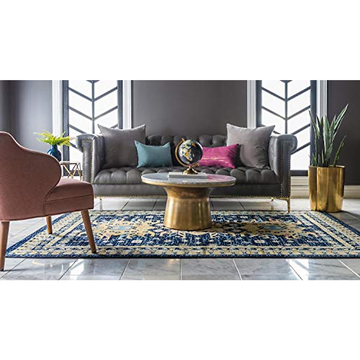 Unique Loom Taftan Collection Border Geometric Tribal Inspired Design Area Rug, 9 ft x 12 ft, Navy Blue/Gold