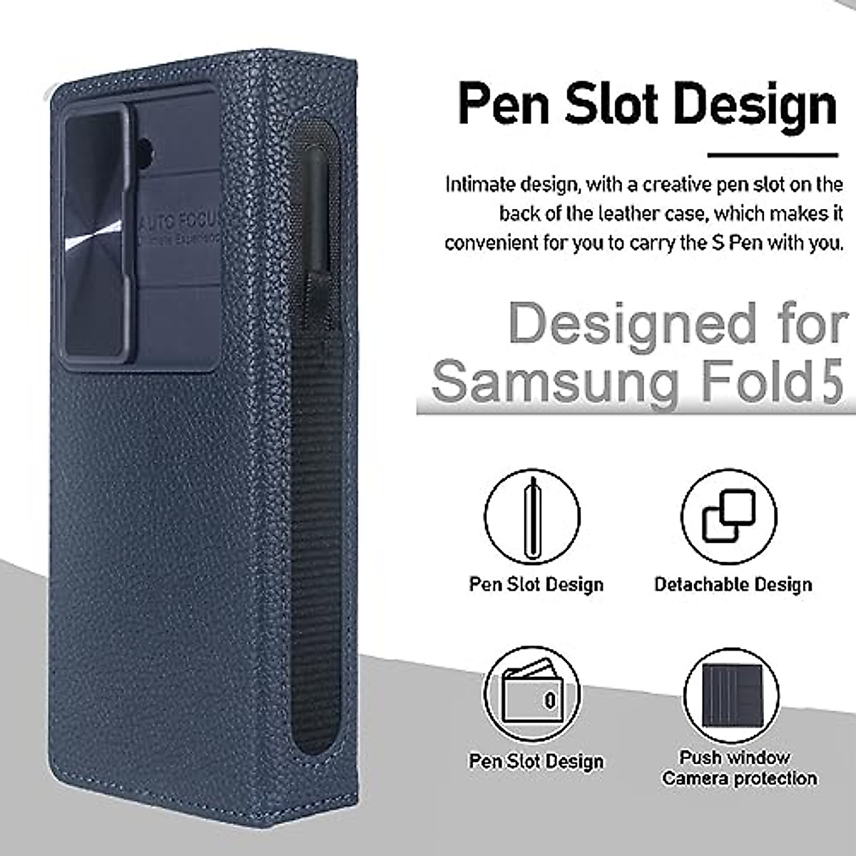 KUGEW for Samsung Galaxy Z Fold 5 Case with S Pen Holder & Camera Cover, Luxury Leather Wallet Phone Cover Built-in S Pen Slot Kickstand Function Card Holder Hinge Protection Shockproof (Blue)