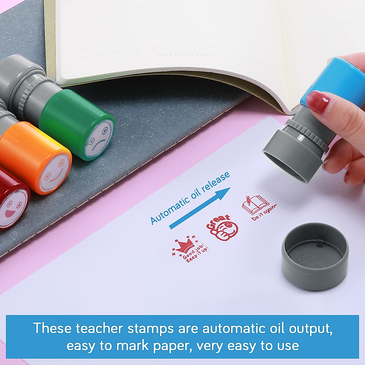 12 Pack Sorted Teacher Stamp Self-Inking Rubber Stamps Picture Stamps for Teachers Motivation Stamps Teacher Review Photosensitive Stamps Behavior Stamps for Kids Students School Classroom Homework