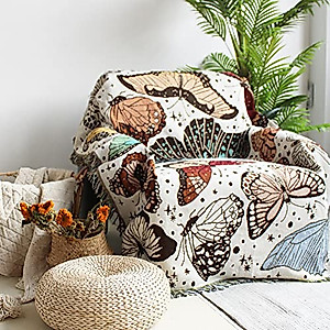 tiowik Butterflies Throw Woven Blanket with Tassel for Home Decoration Chair Couch Sofa Bed Beach Travel Picnic Cloth Tapestry Shawl Cozy Cotton (White 63×51 Inches)