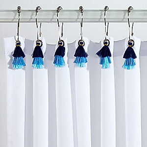 Estmy 12PCS Boho Blue Tassel Shower Curtain Hooks Rings Ombre Bohemian Cute Decorative Shower Rings Hooks for Kids Bathroom Curtain Metal Rust-Proof Bohemian Chic Bathroom Decor Accessories
