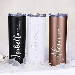 Bridesmaid Gifts Set of 5, Personalized Bridesmaid Tumbler W/ Name and Title, - 8 Vivid Colors, 5 Designs - 20 Oz Engraved Skinny Tumbler W/ Straw Set, Bridal Shower Gift, Bridesmaid Proposal Gifts