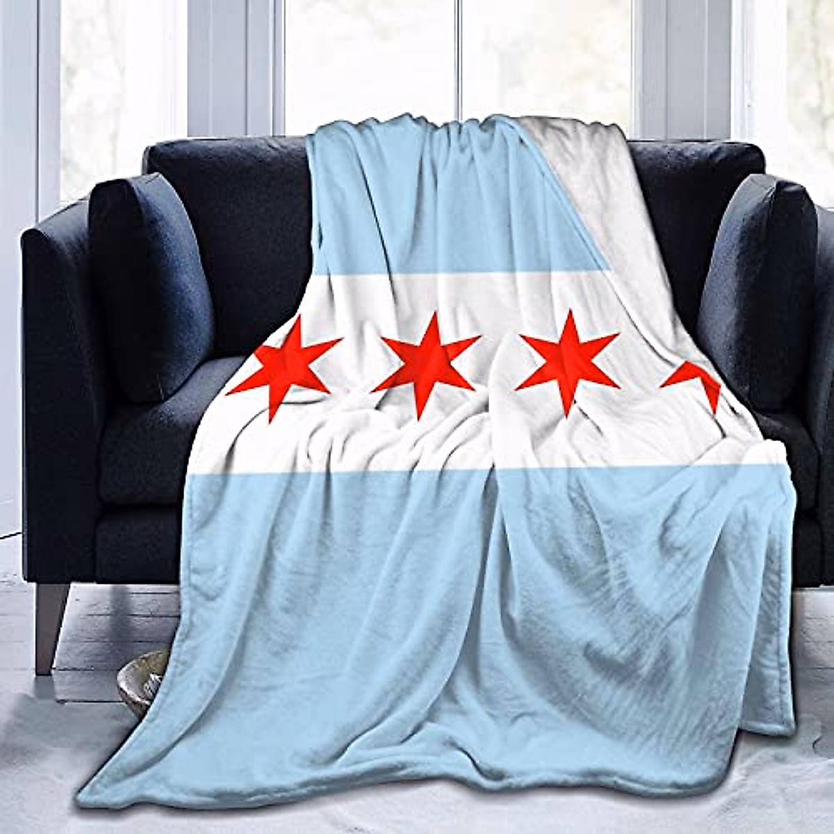 ZJHFSGMY Chicago City Flag Super Soft Warm Fleece Blanket, Comfortable Flannel Blanket, Four Season Blanket Suitable for Bedroom Bed and Sofa, White1, 60Inx50In