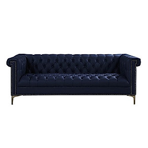 Iconic Home Gold Navy Blue Winston PU Button Tufted with Nail head Trim Tone Metal Sofa,FSA2571-AN
