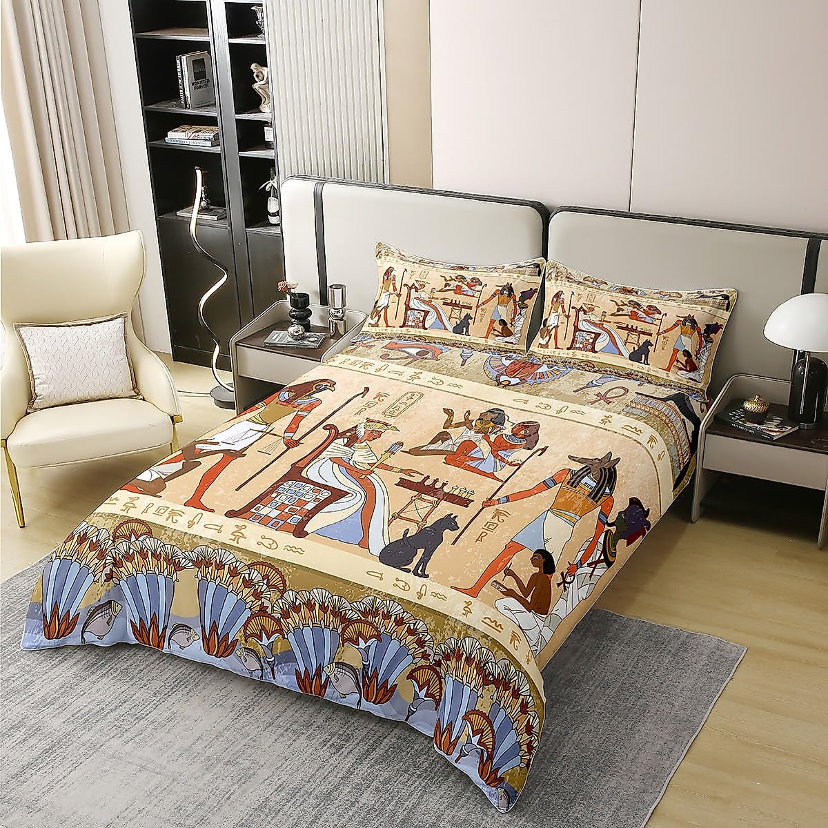 Ancient Egypt Cotton Duvet Cover Set Queen Retro Egyptian Pattern Comforter Cover Set for Women Men Adults Egypt Culture Bedding Set Tribal Eagle Dog Design Bedspread Cover Bedroom Decor Quilt Cover